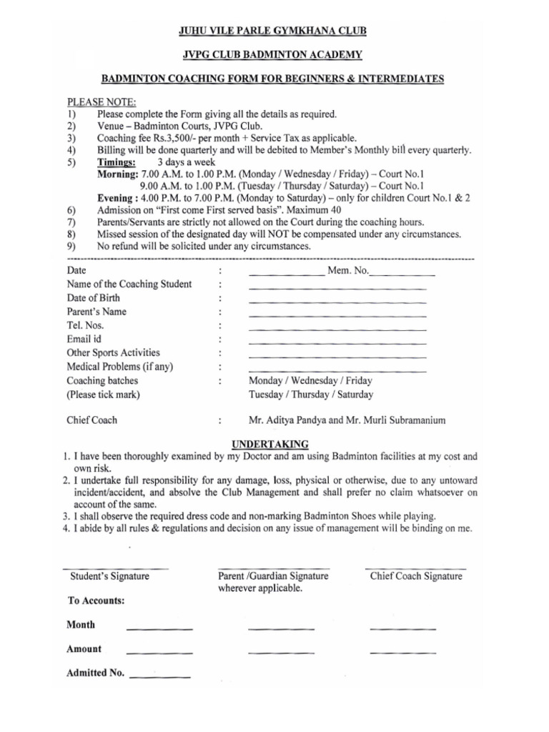 Badminton Application Form | PDF