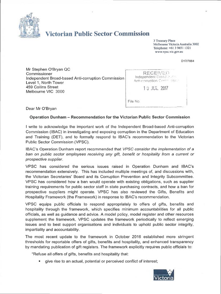 Letter From Victorian Public Sector Commission Operation Dunham ...