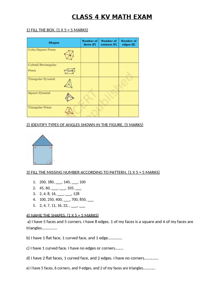Class 4 KV Math Exam Questions | PDF