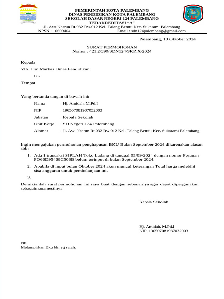 Permohonan Penghapusan BKU SDN 124 Palembang | PDF