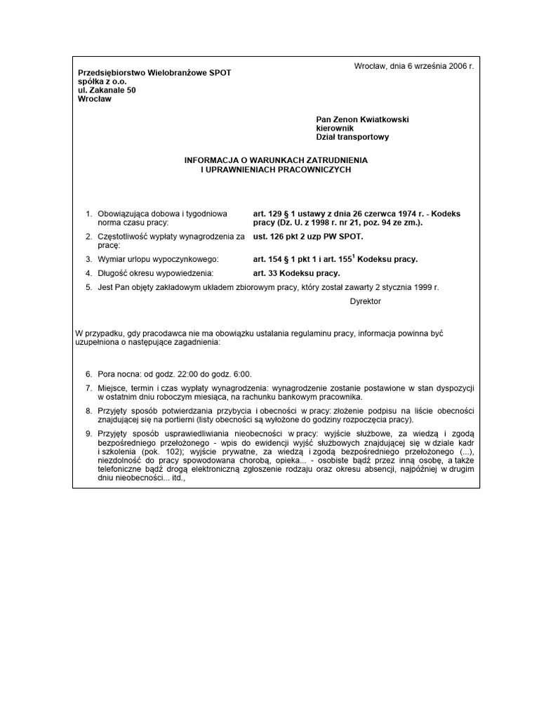 Informacja o Warunkach Zatrudnienia i Uprawnieniach Pracowniczych Przykladowy Wzor Odwolujacy ...