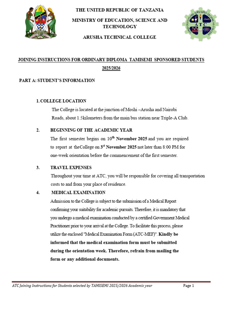 Student'S: ATC Joining Instructions For Students Selected by TAMISEMI ...