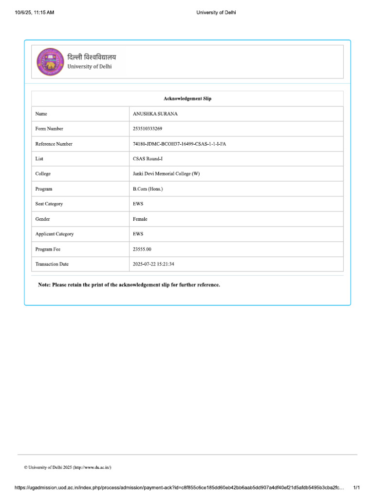 Du Fee Receipt | PDF