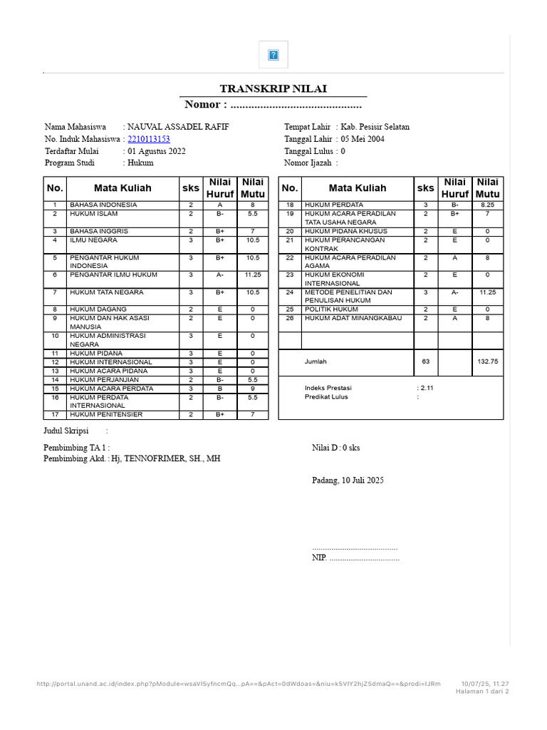 Cetak Transkrip - Portal Akademik Universitas Andalas | PDF