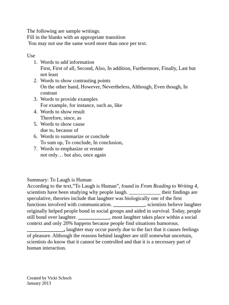 Practice Transitions Student | PDF | Laughter
