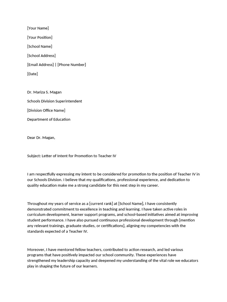 Intent for Teacher IV Promotion | PDF