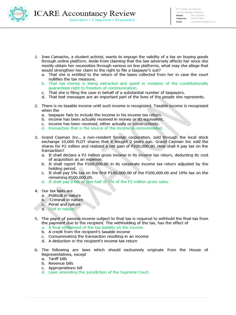 ICARE First Preboard Examination Taxation | PDF | Taxes | Income Tax