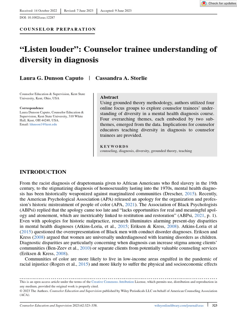 Listen louder Counselor trainee understanding of diversity in diagnosis ...