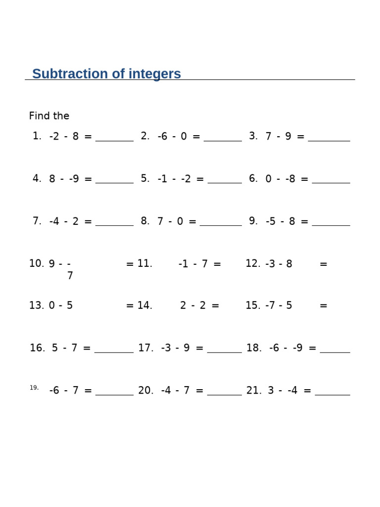 Grade 6 Integer Subtraction Minus 10 To Plus 10 A | PDF