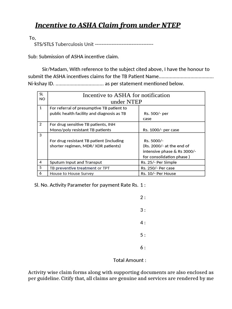 Incentive To ASHA Claim From Under NTEP | PDF | Tuberculosis | Health ...