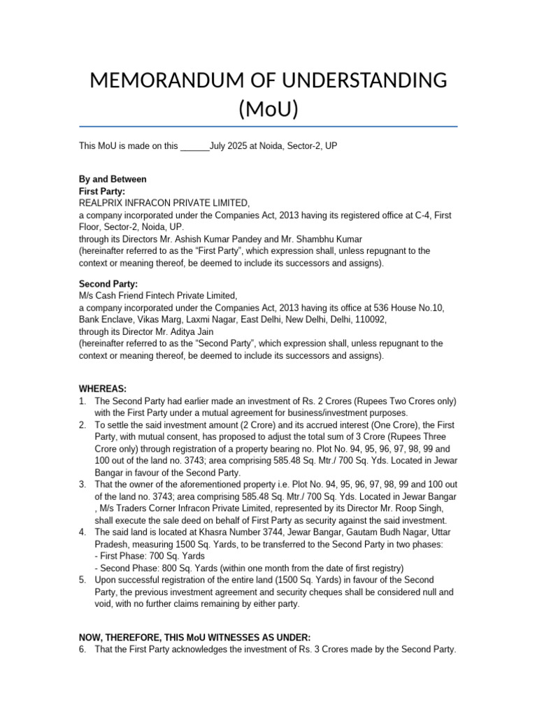 MoU Land Investment Adjustment | PDF | Private Law