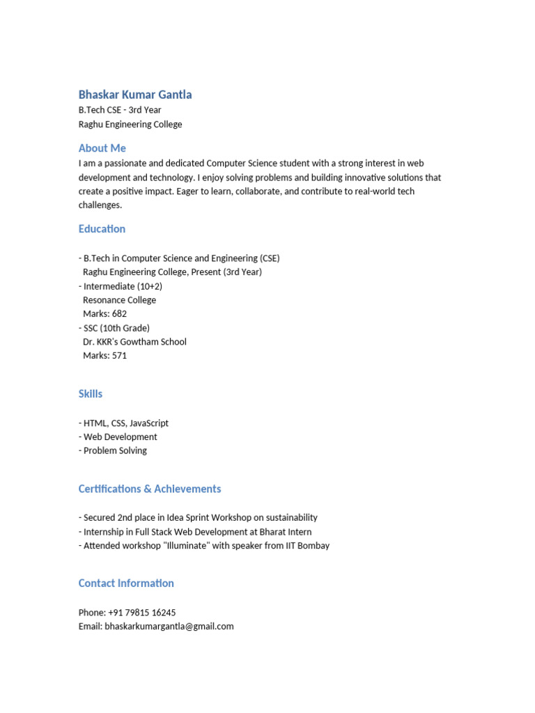 Bhaskar Kumar Gantla Resume | PDF