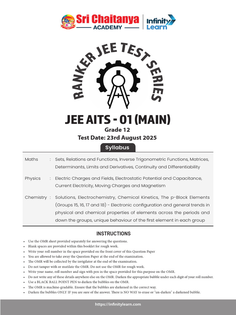 Ranker JEE Test Series - Grade 12 - JEE Main - AITS - 01 - QP | PDF ...