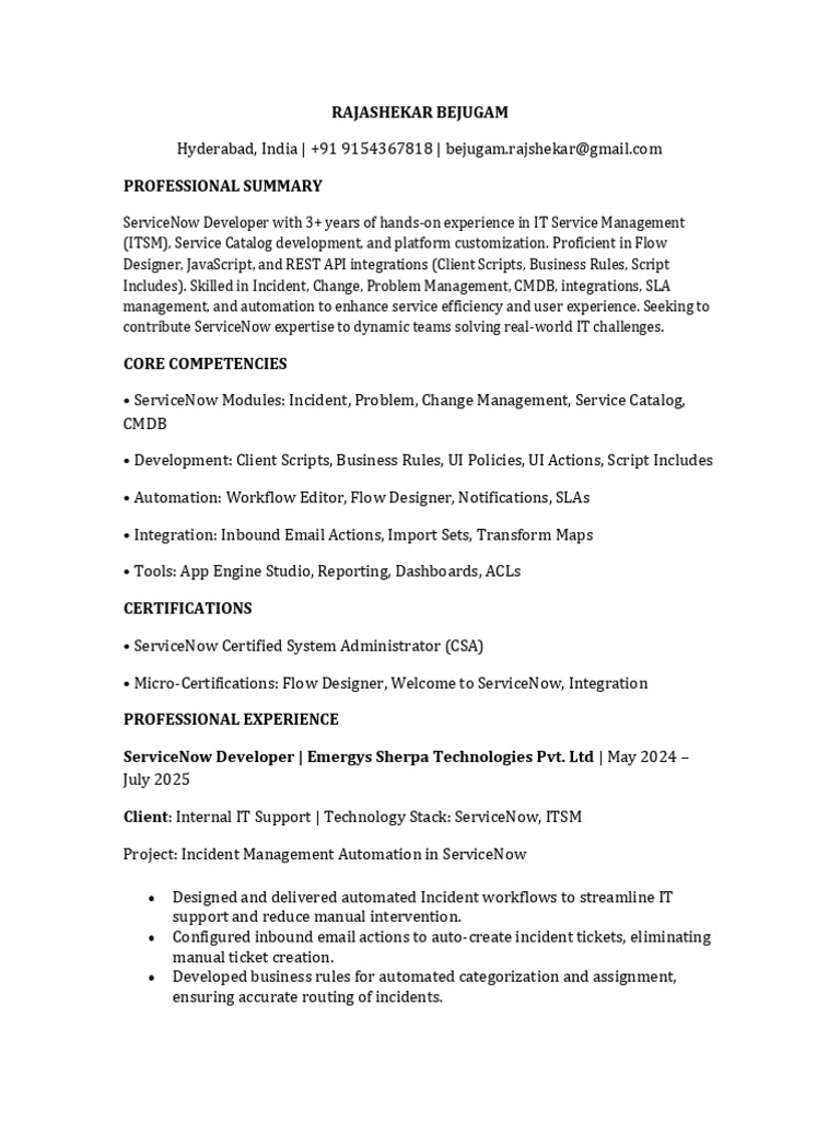 ServiceNow Developer Resume - Hyderabad | PDF | Computing | Business