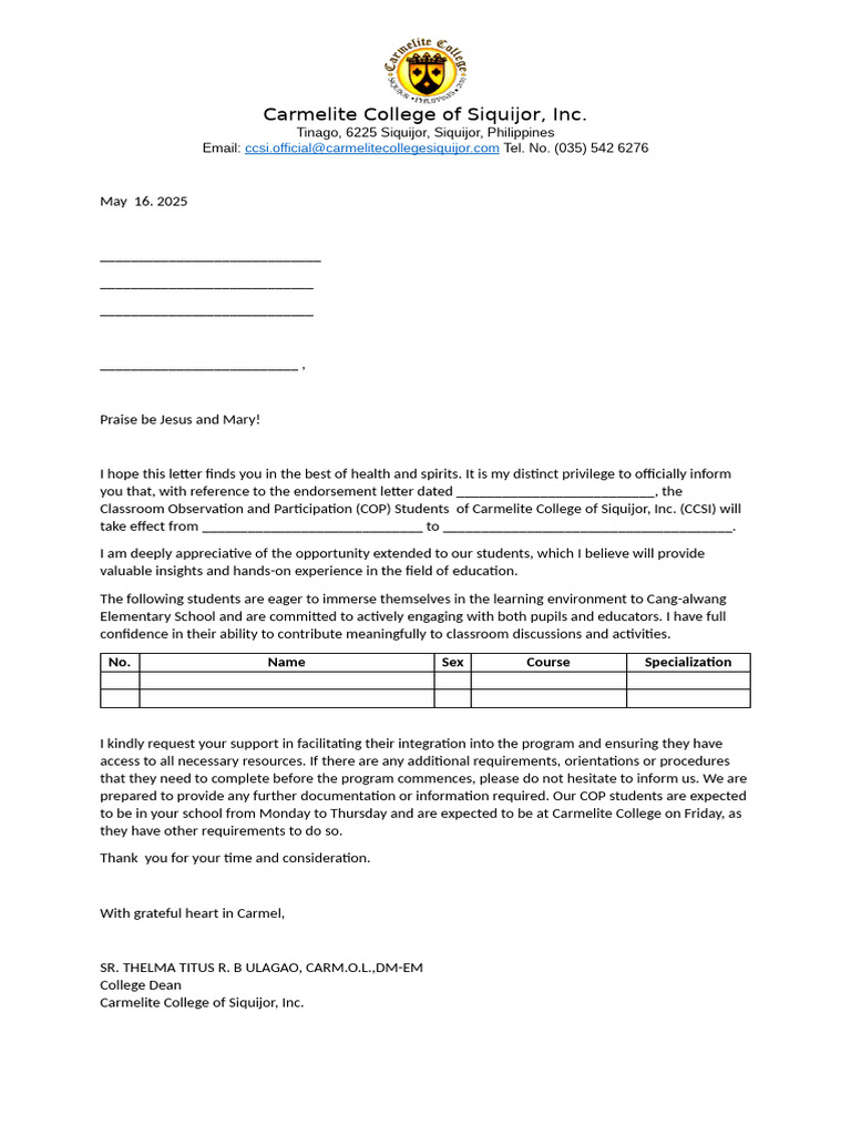Request Letter To Diocesan Schools For COP | PDF