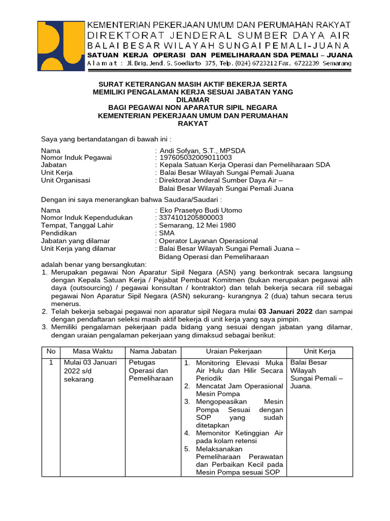 2. Surat Keterangan Aktif Bekerja P3K 2024_SATKER Tahap 2 | PDF