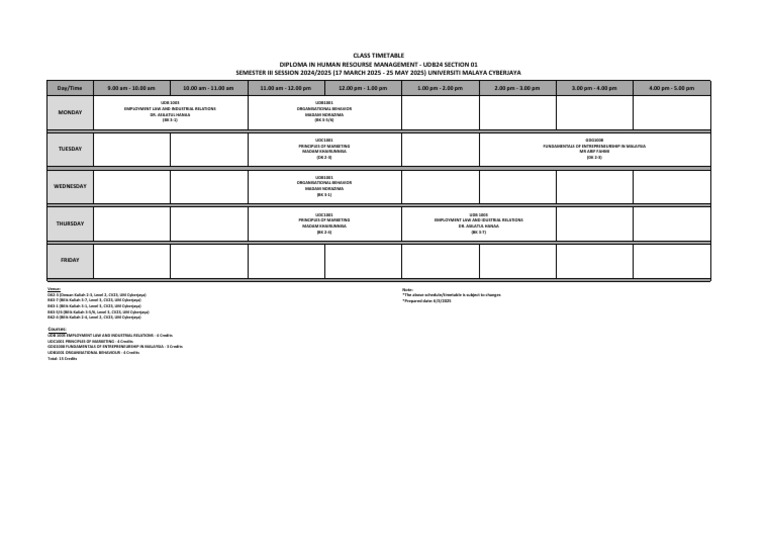 Class Timetable - Semester III 2024.2025 - Udb24 Sec 01 - 07032025 | PDF