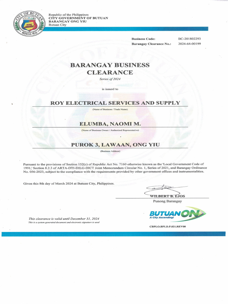 Barangay Business Clearance 2024 | PDF