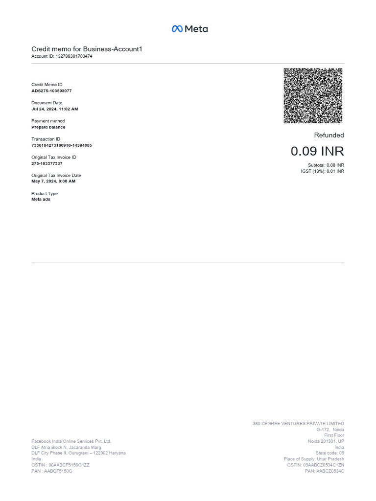Credit Memo and Tax Invoice for Meta Ads | PDF | Taxation | Government ...