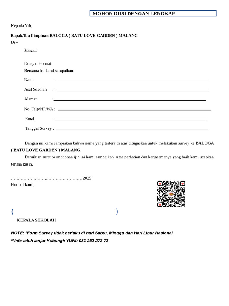 Permohonan Izin Survey di BALOGA Malang | PDF