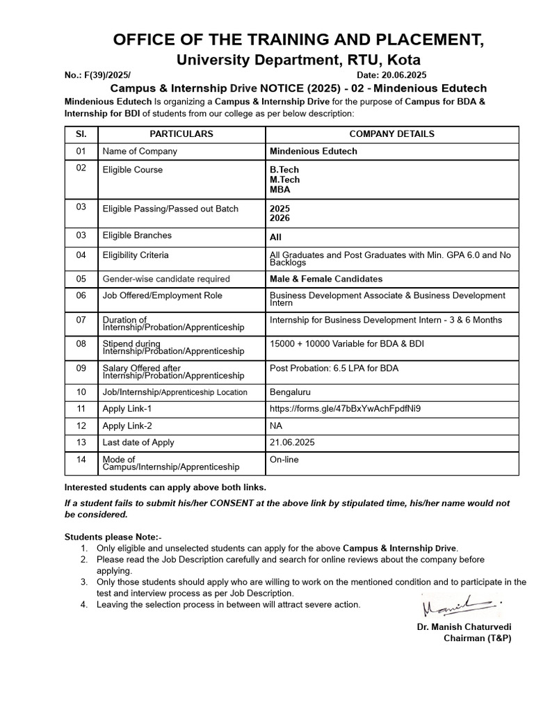 Campus & Internship DRIVE NOTICE (2024) - 02 - Mindenious Edutech | PDF | Internship | Job Hunting