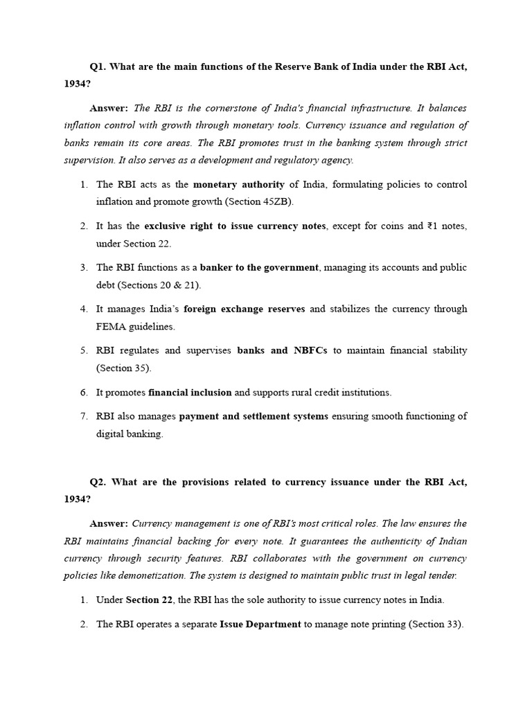 Functions of RBI Under 1934 Act | PDF | Banks | Reserve Bank Of India