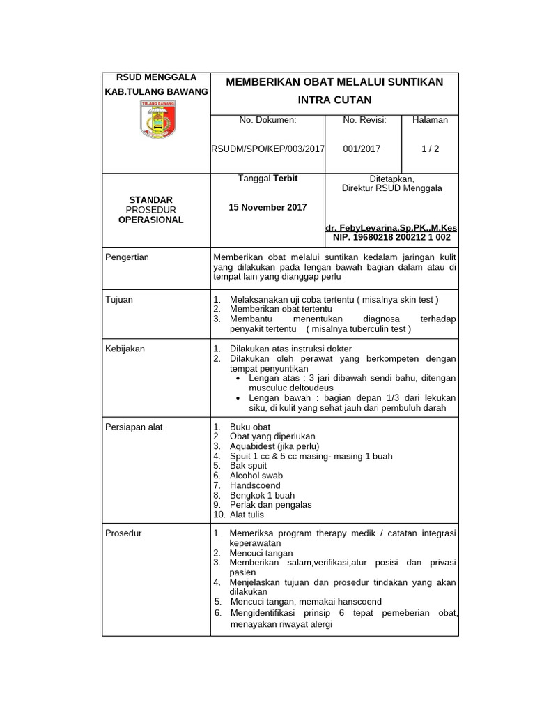 Prosedur Suntik Intra Cutaneus RSUD Menggala | PDF