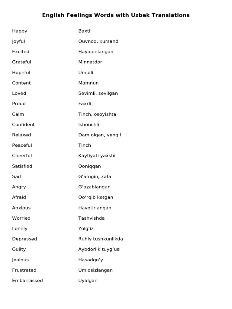 Feelings English Uzbek | PDF
