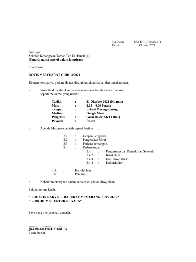 Memo Panggilan Mesyuarat Guru Memo Mesyuarat Guru 3 2021 | PDF