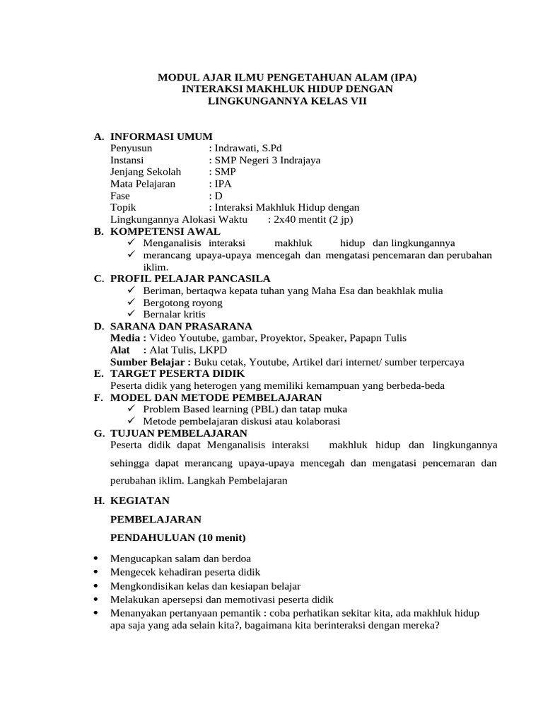 Modul Ajar Interaksi Makhluk Hidup Dengan Lingkungannya | PDF