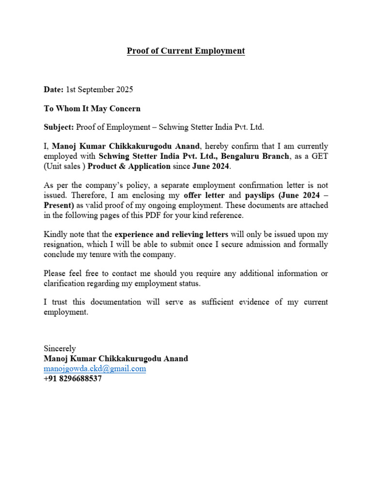 Current Employment Verification Letter | PDF