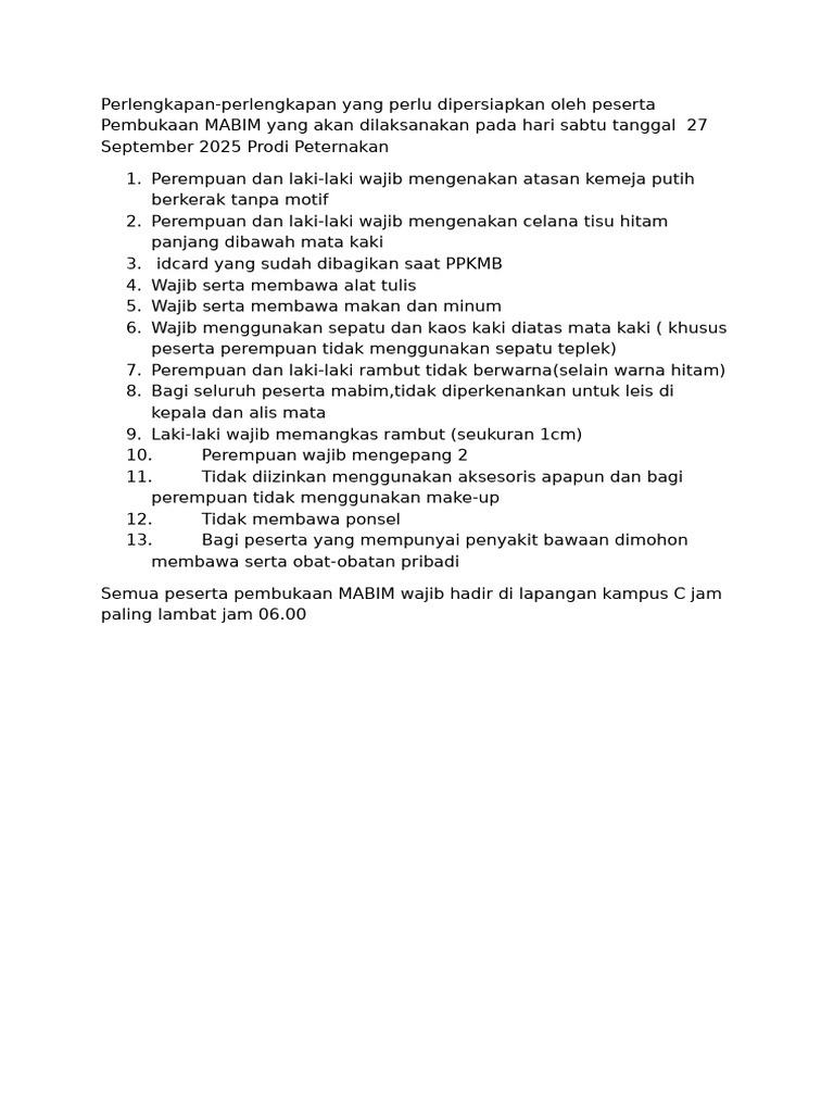 Perlengkapan Peserta MABIM 2025 | PDF