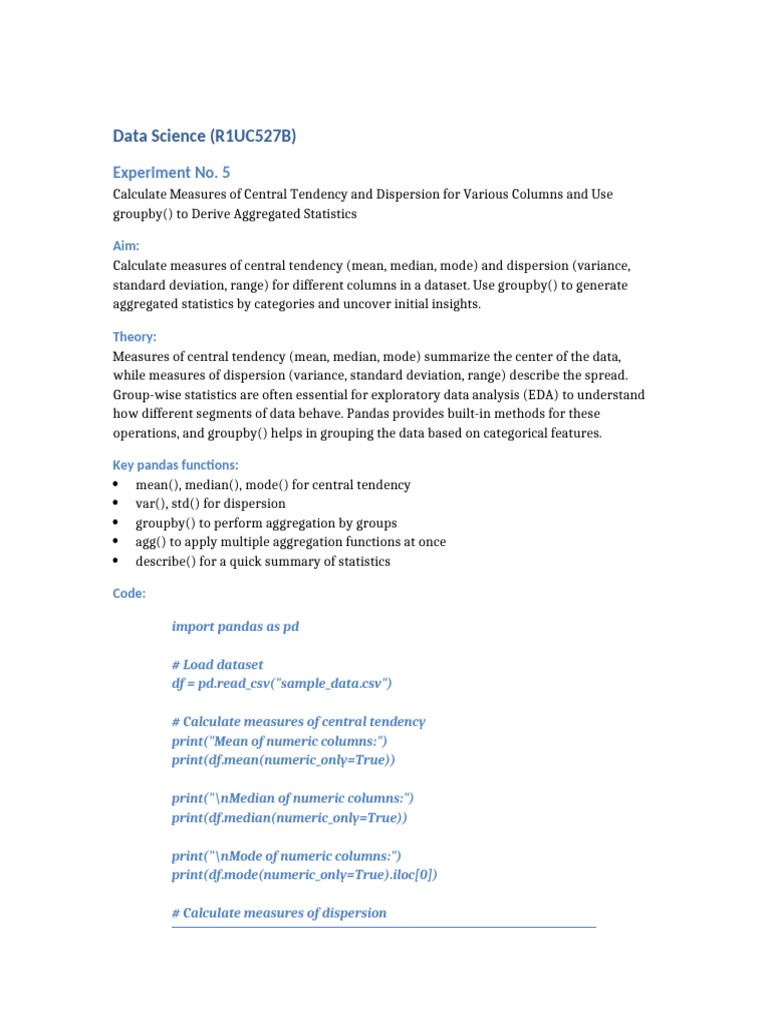 Experiment No 5 Measures Central Tendency and Dispersion | PDF ...