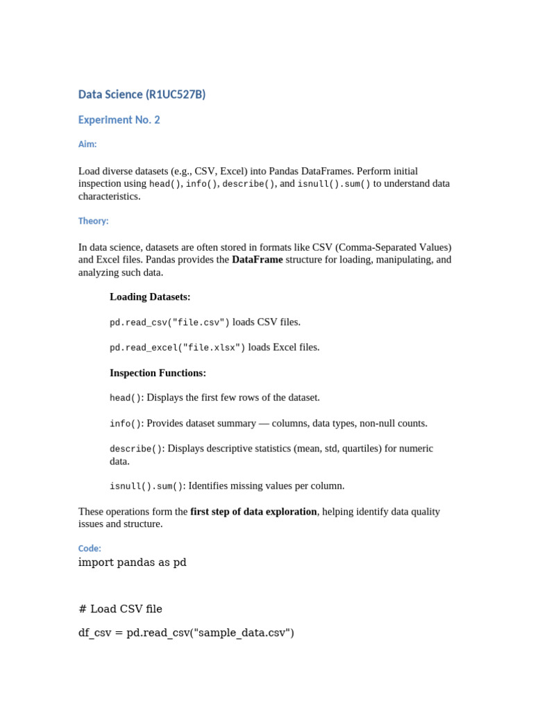 Experiment No 2 Data Science | PDF | Microsoft Excel | Comma Separated Values