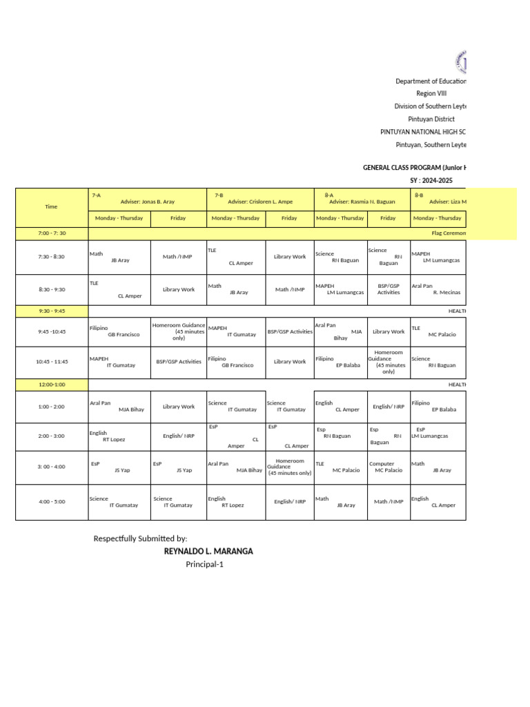 Class Program For Jhs - Sy 2024 2025 2 Updated 1 Hour Time 2 | PDF | Schools