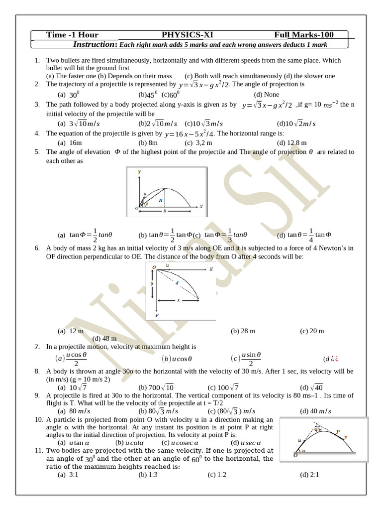 Projectile Motion Ques Xi Final | PDF | Projectiles | Physical Phenomena