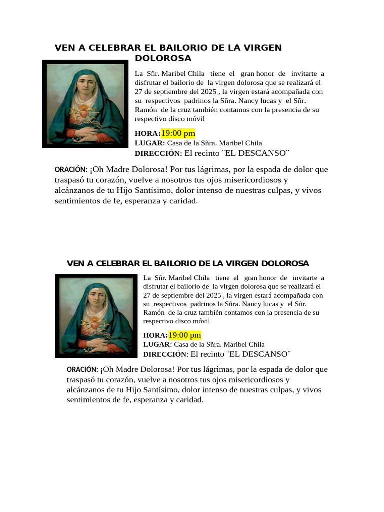 Ven A Celebrar El Bailorio de La Virgen Dolorosa | PDF