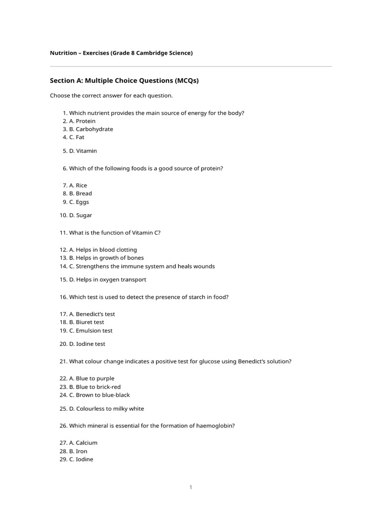 Grade 8 Nutrition MCQs and Exercises | PDF | Food Energy | Vitamin