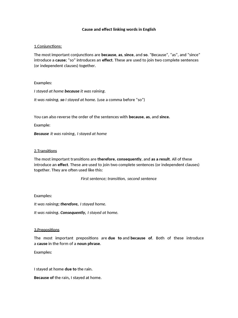 Cause and Effect Linking Words in English | PDF | Linguistics ...