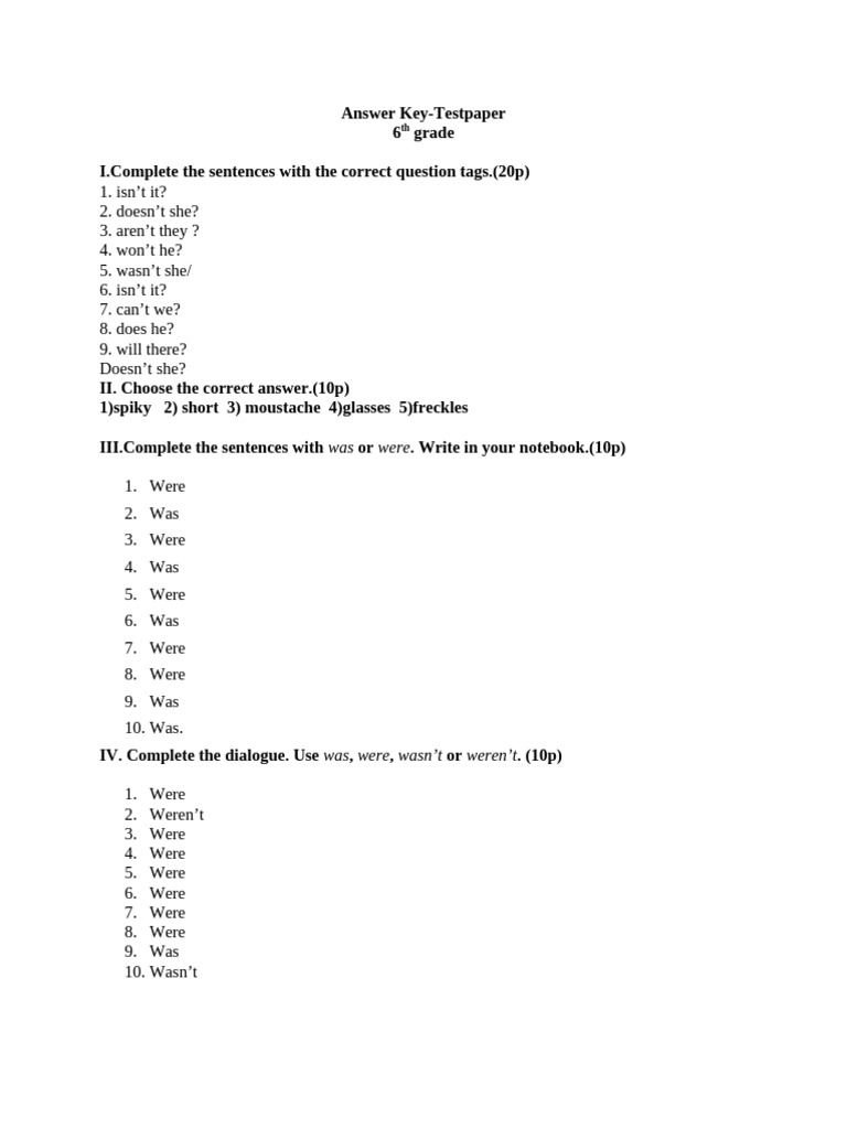 Trinity Grammar 6th Grade Test Answers | PDF