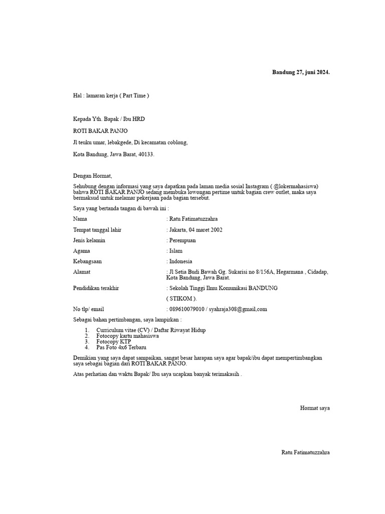 Surat Lamaran Kerja Roti Bakar Panjo | PDF