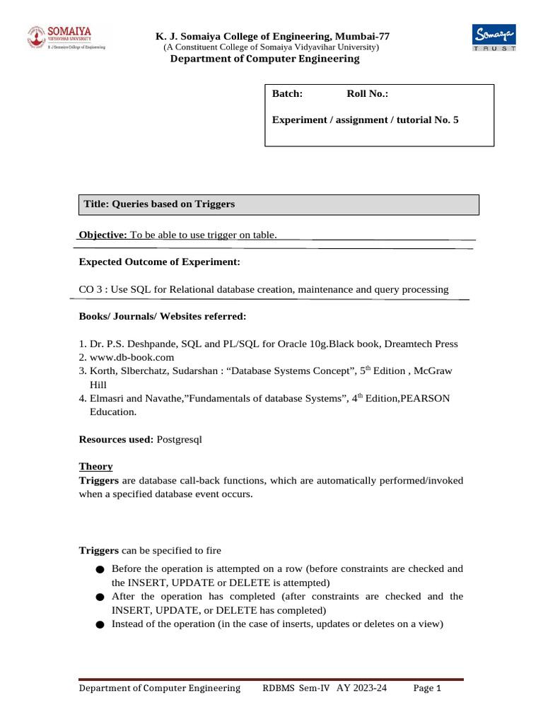 Exp 6 Queries Based Triggers | PDF | Relational Database | Databases