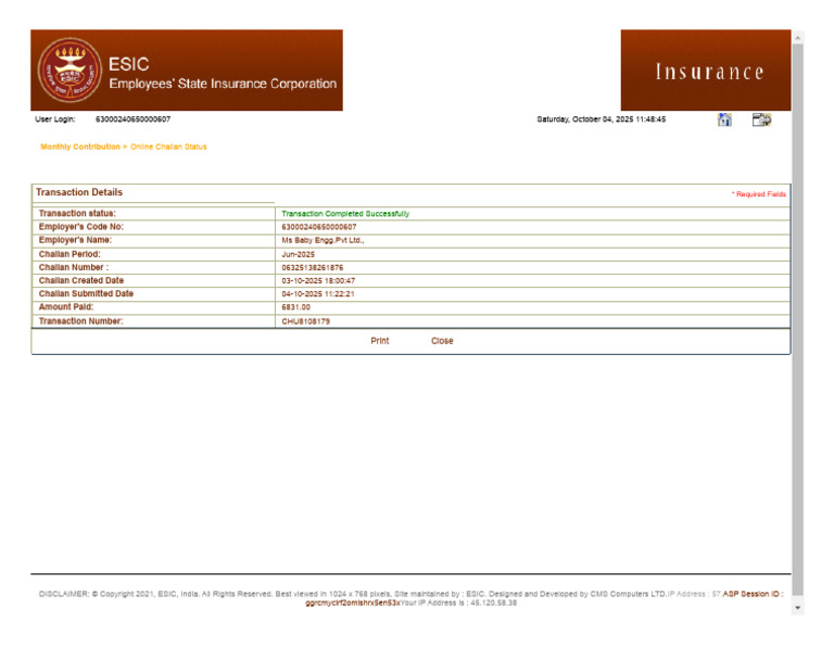 Esic Payment Receipt - June 2025 | PDF