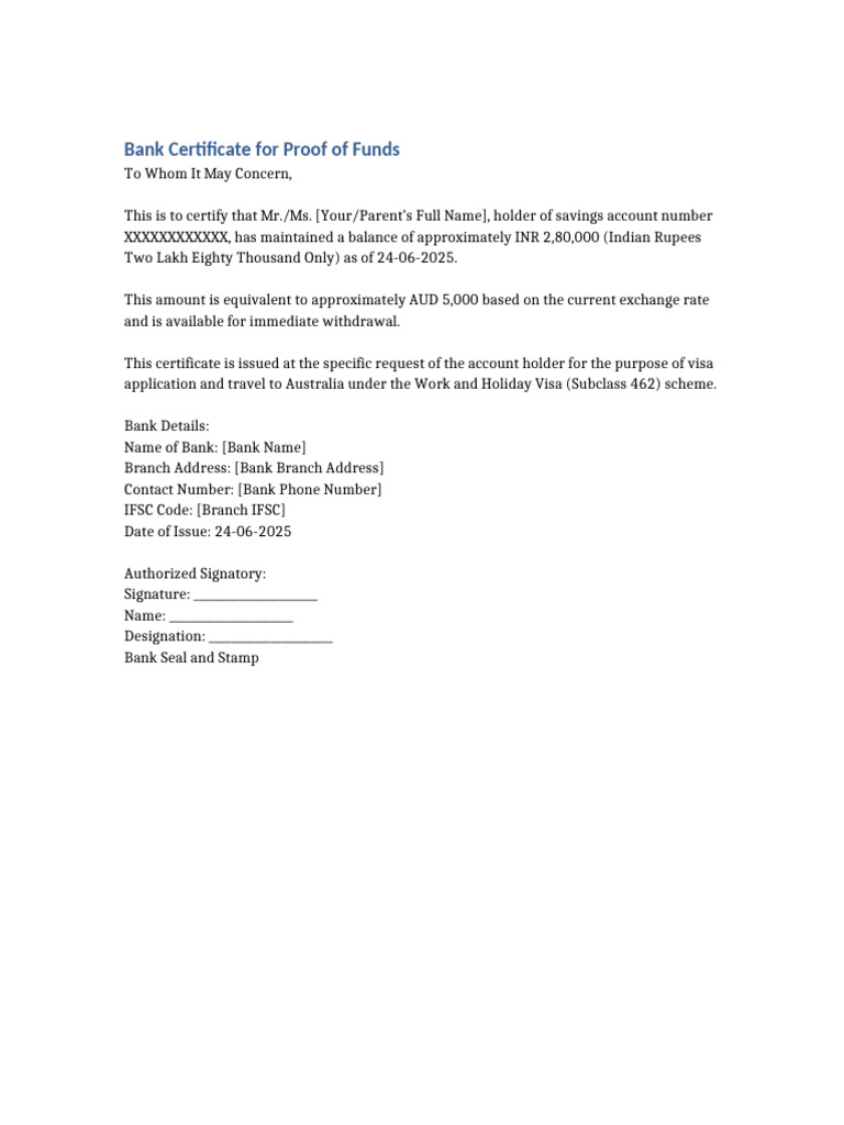 Bank Certificate for Visa Proof of Funds | PDF