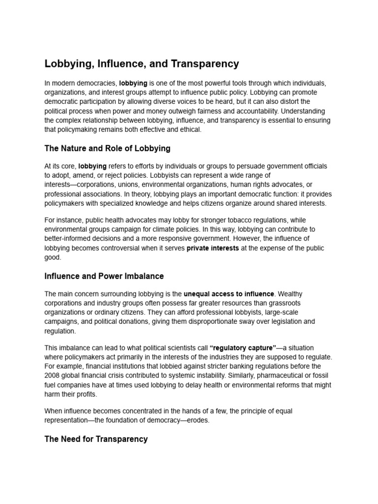 Lobbying, Influence, and Transparency | PDF | Transparency (Behavior) | Policy