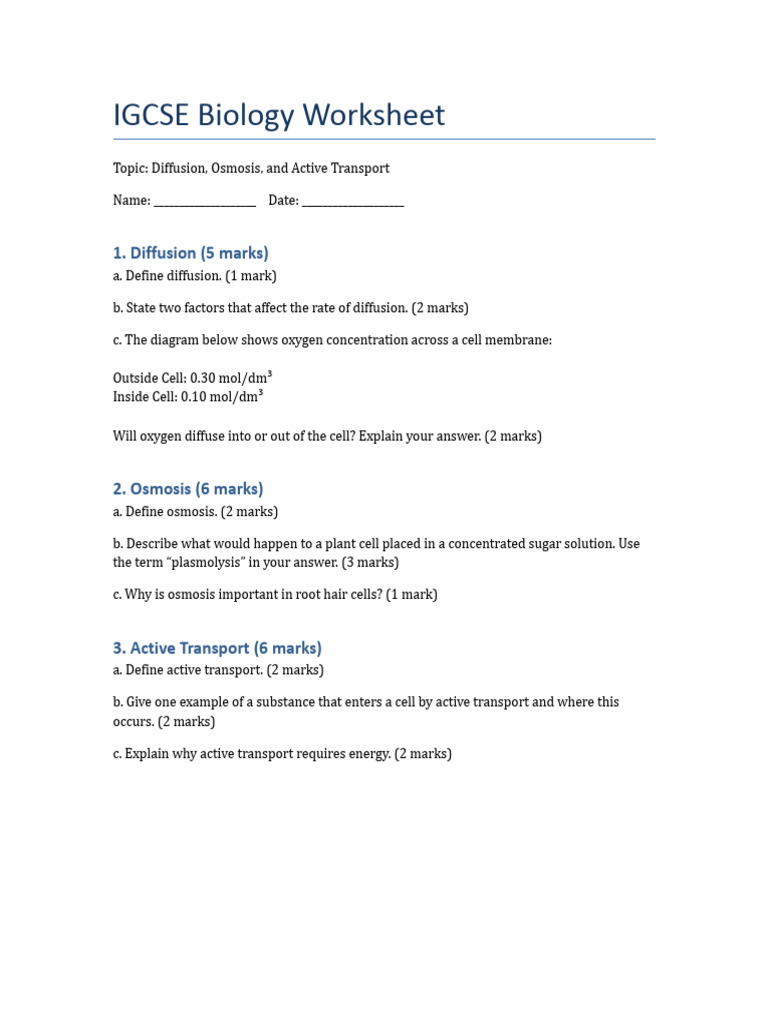 IGCSE Diffusion Osmosis ActiveTransport Worksheet | PDF