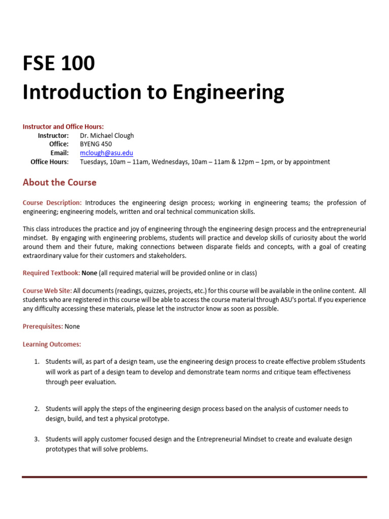 FSE 100: Intro to Engineering Course Guide | PDF | Knowledge | Engineering