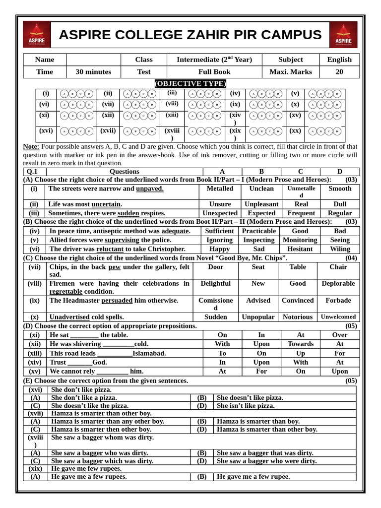 Full Book Test (Second Year English) | PDF