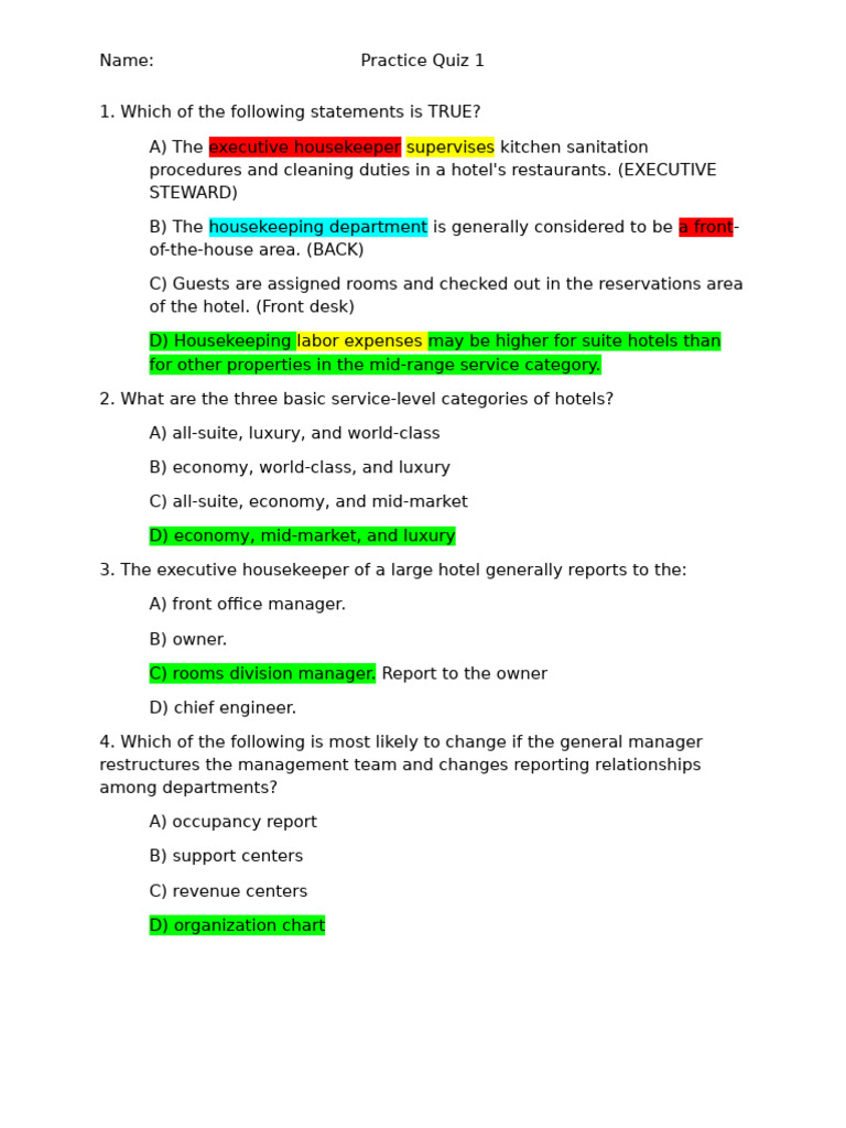 Hotel Housekeeping Practice Quiz | PDF | Housekeeping | Budget