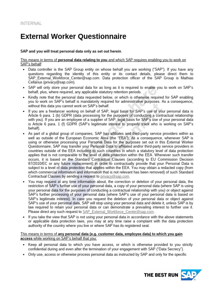 SAP External Worker Data Privacy Form | PDF | Information Privacy ...